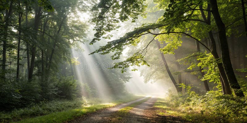 Sunlight Mist Forest Glade stock illustration. Illustration of ...