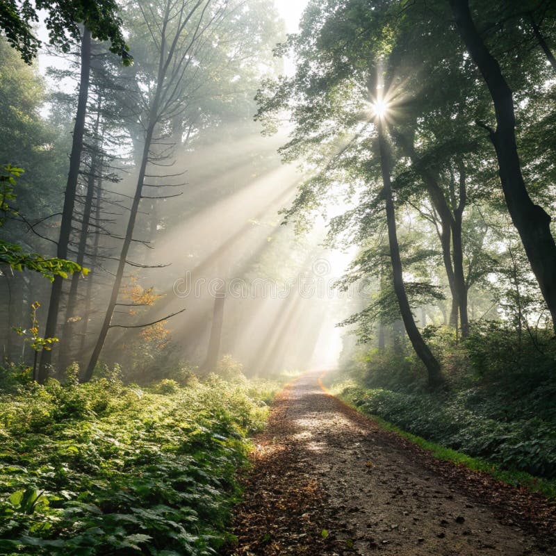 Sunlight Mist Forest Glade stock illustration. Illustration of pathway ...