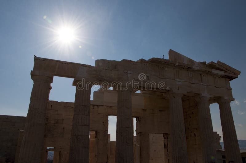 Sunlight Over Ancient Temple Stone Columns Ruins on Sky Background ...