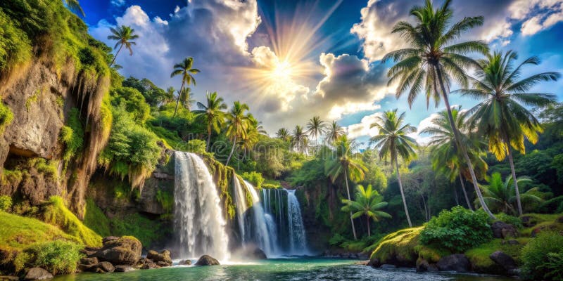 Sunlight through Palm Trees Illuminates Lush Waterfall, Tropical ...