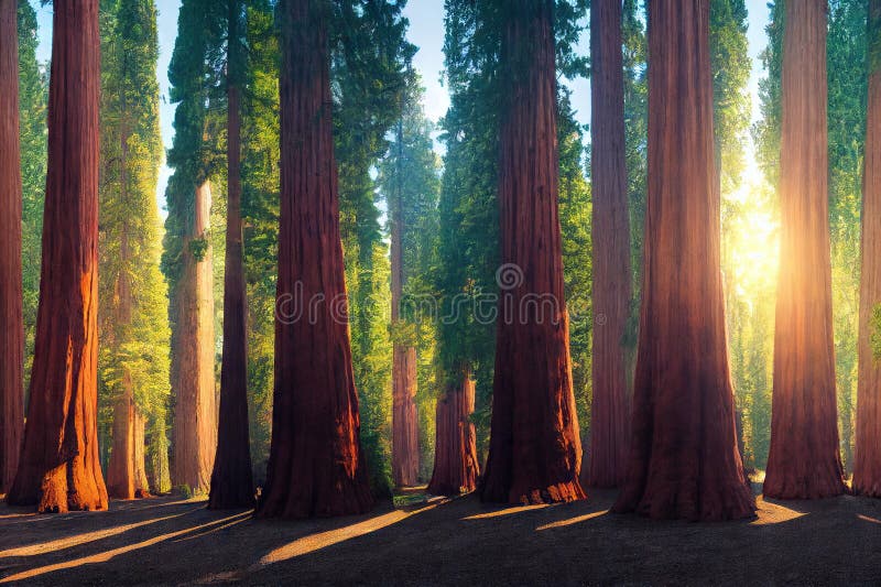 Sunlight Passing through Misty Sequoia Forest Stock Illustration ...