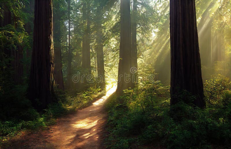 Sunlight Passing through Misty Sequoia Forest Stock Illustration ...