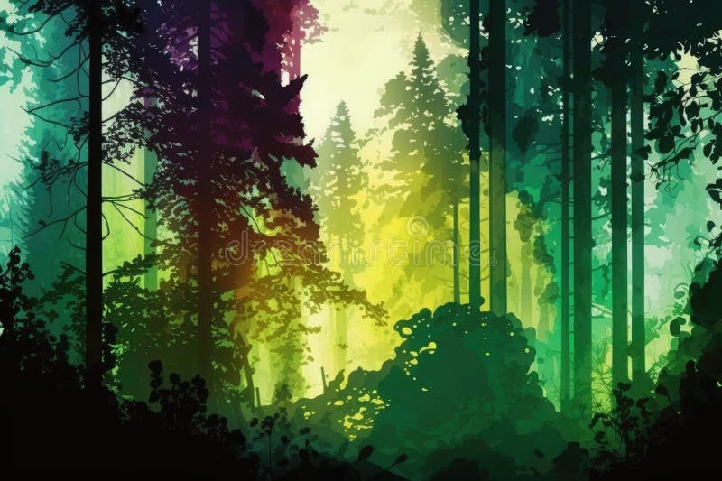 Sunlight Penetrates the Green Mist of the Forest Stock Illustration ...