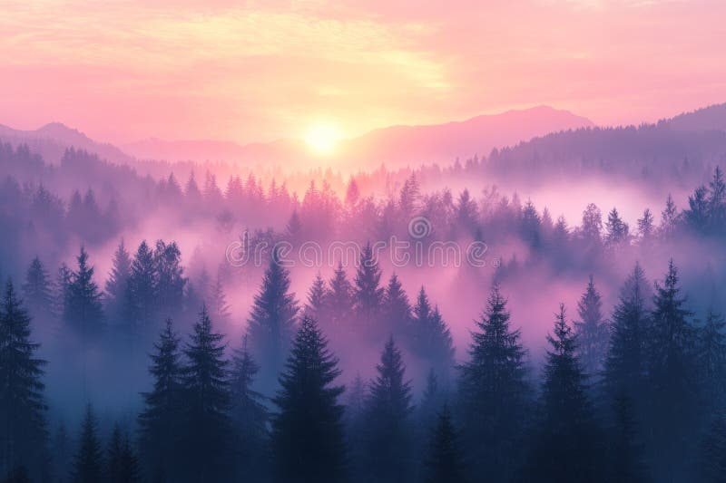 Sunlight Pierces through Mist, Illuminating Dense Pine Trees Stock ...