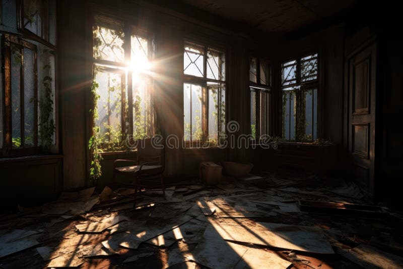 Sunlight Piercing through Broken Windows in a Dark Room Stock ...