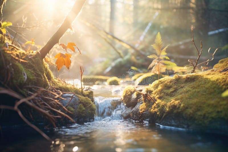 Sunlight Piercing through a Clear Forest Stream Stock Photo - Image of ...
