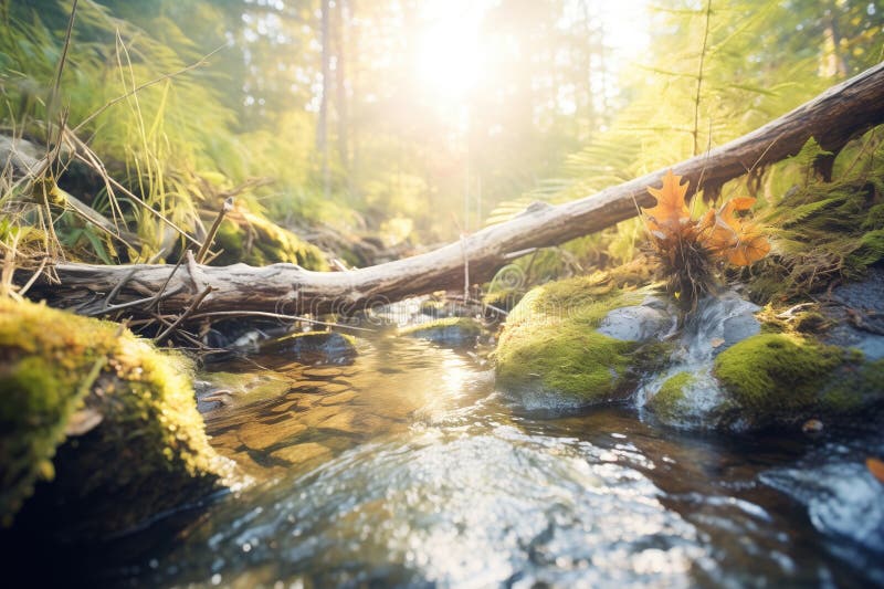 Sunlight Piercing through a Clear Forest Stream Stock Illustration ...