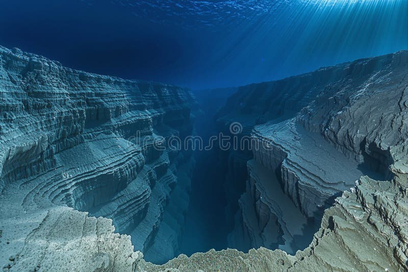Sunlight Piercing Deep Underwater Canyon with Rock Formations Stock ...