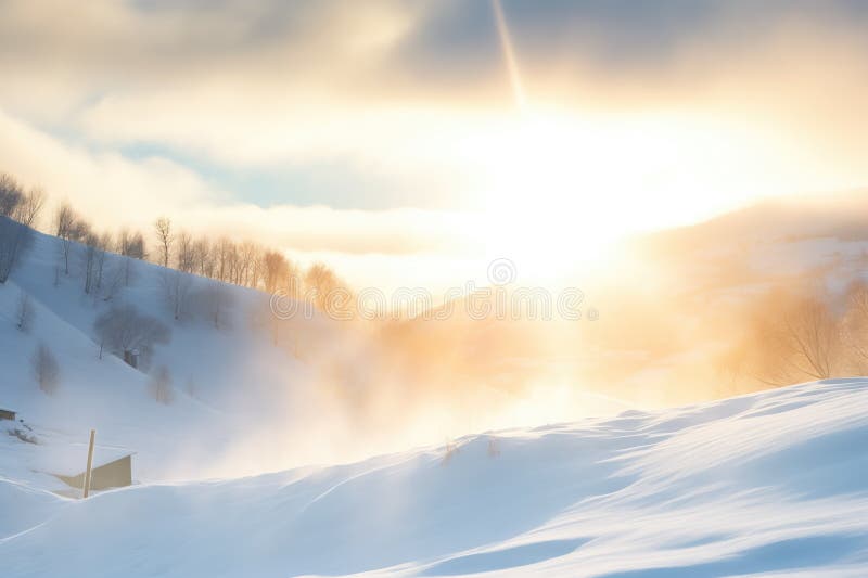 Sunlight Piercing through Fog Over a Snow-blanketed Hill Stock ...