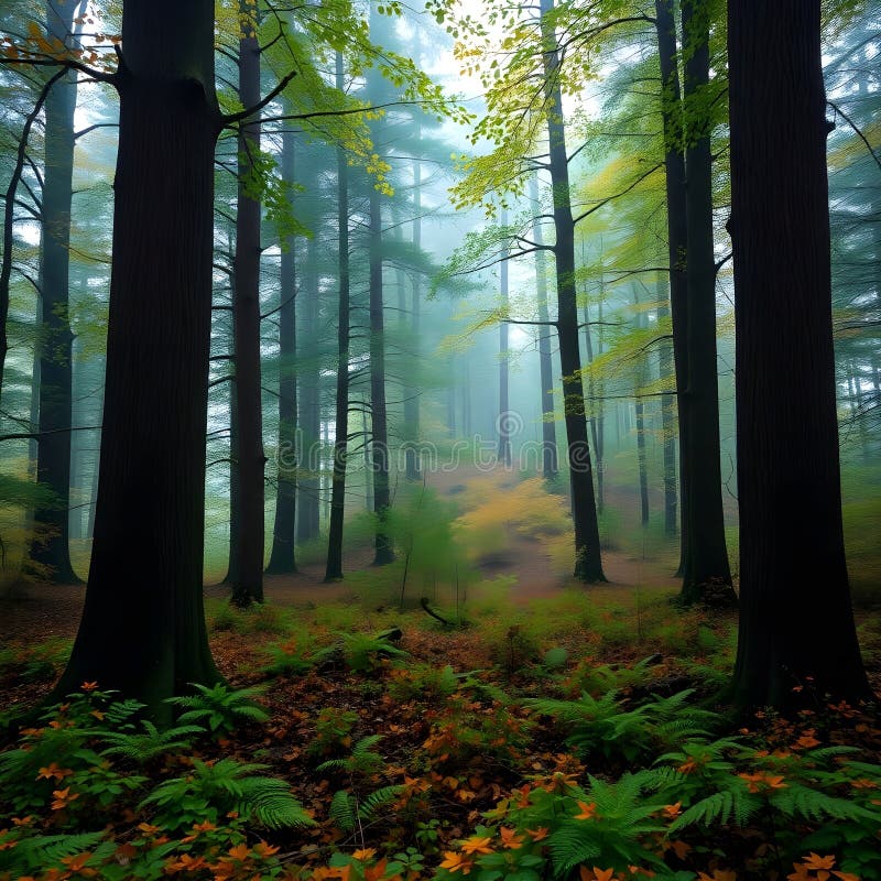 Sunlight Piercing a Lush Forest Path Stock Illustration - Illustration ...