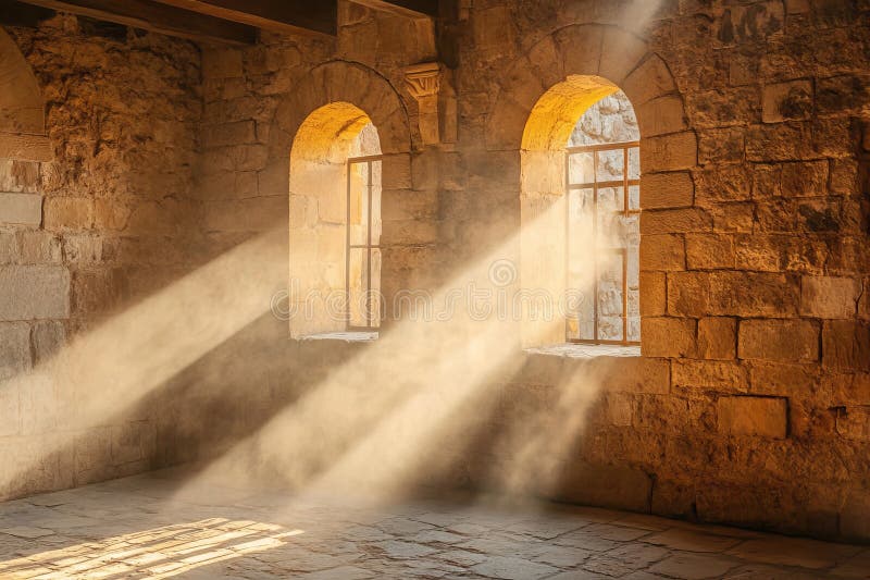 Sunlight Pours into an Old Stone Chamber through an Arched Window As ...