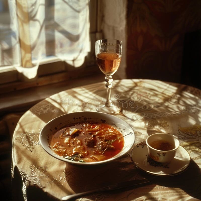 Sunlight Pours through the Window Against the Backdrop of a Cozy Lunch ...