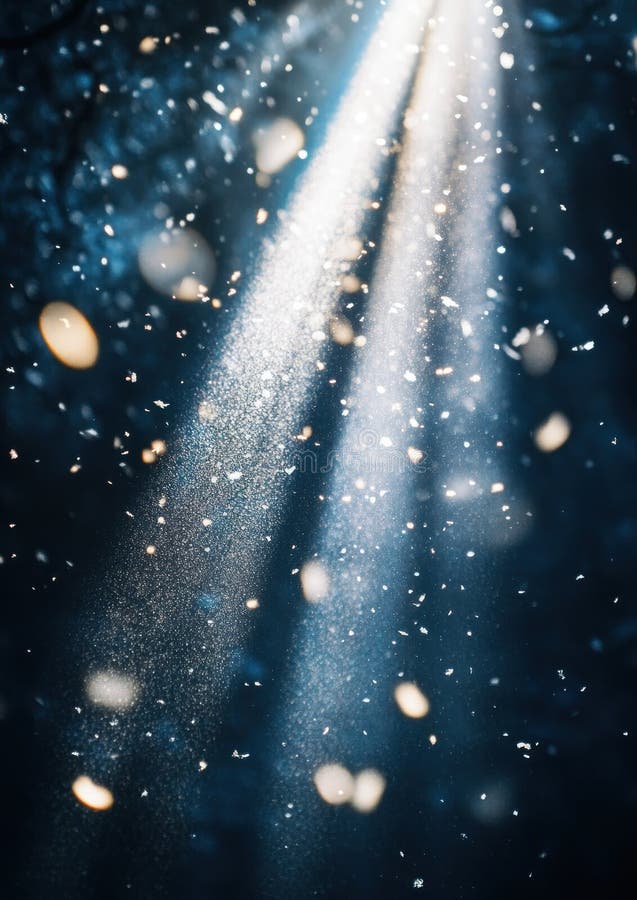 Sunlight Rays Breaking through Falling Snowflakes in a Dark Forest with ...