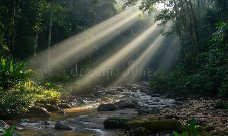 Sunlight Rays Illuminating Lush Tropical Rainforest Stream Rocks Stock ...