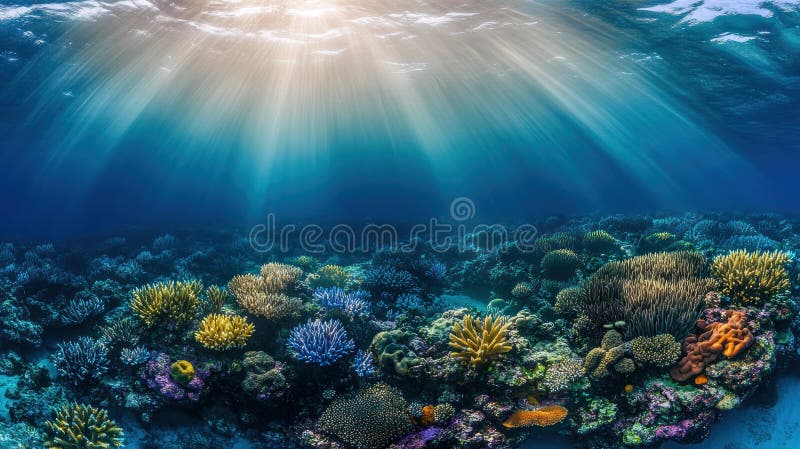 Sunlight Rays Shining Over a Coral Reef Underwater Stock Illustration ...