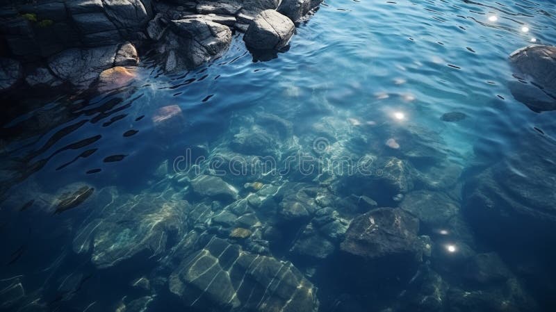 Sunlight Reflecting on Ocean Surface, Revealing Underwater Rocks and ...