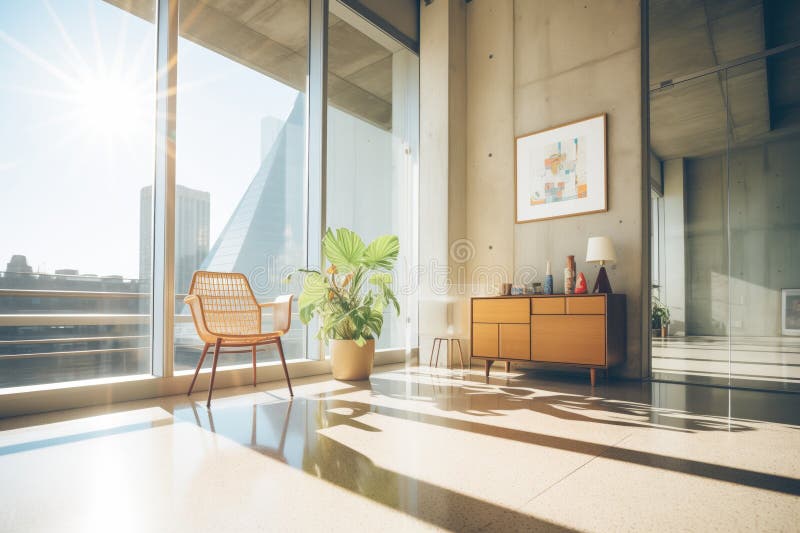 Sunlight Reflecting Off Glass Highrise with Concrete Base Stock ...