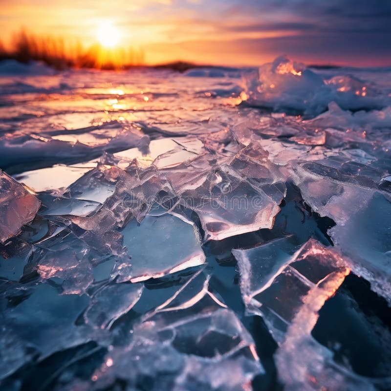Sunlight Reflecting on Shattered Ice during a Sunset Stock Image ...