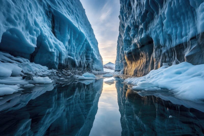 Sunlight Reflection on the Icy Walls of a Glacier Crevasse Stock Photo ...