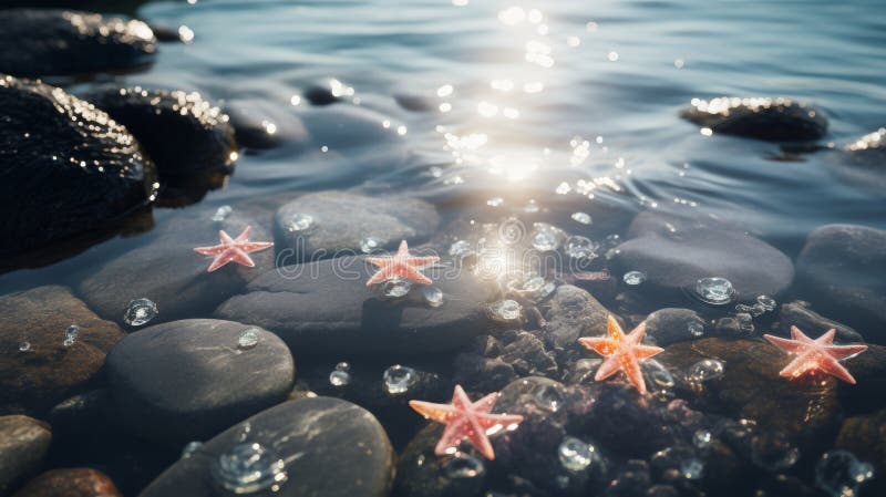 Sunlight Reflections on Ocean Surface Exposing Submerged Rocks and ...