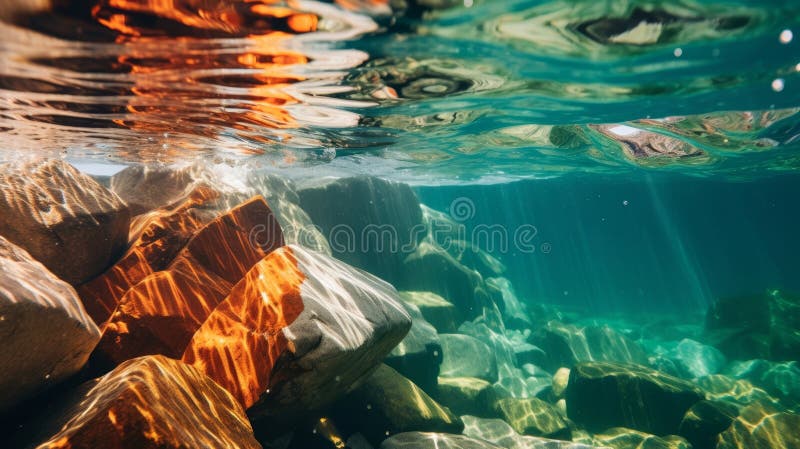 Sunlight Reflections on Ocean Surface Unveiling Underwater Rocks and ...