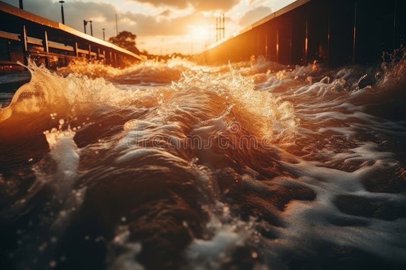 Sunlight Reflections On Water Near Hydro Station Creating Serene Yet Powerful Natural Ambiance