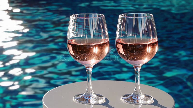 Sunlight Reflects on the Surface of a Swimming Pool Behind Two Glasses ...