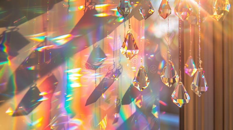 Sunlight Refracting through Hanging Crystals, Casting Vibrant Rainbow ...