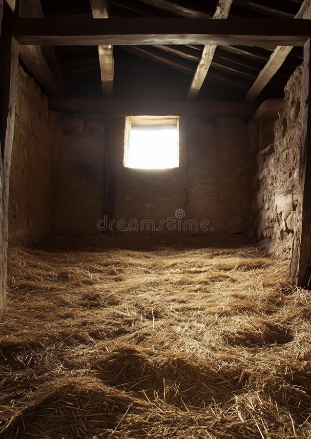 Sunlight in Rustic Barn Loft with Straw and Brick Walls Stock Image ...