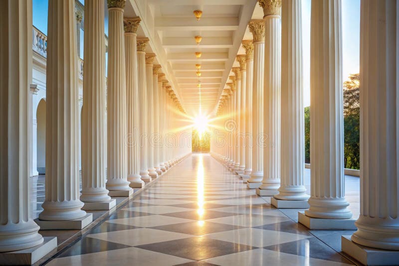 The Sunlight Shines through Columns in a Long and White Corridor Stock ...