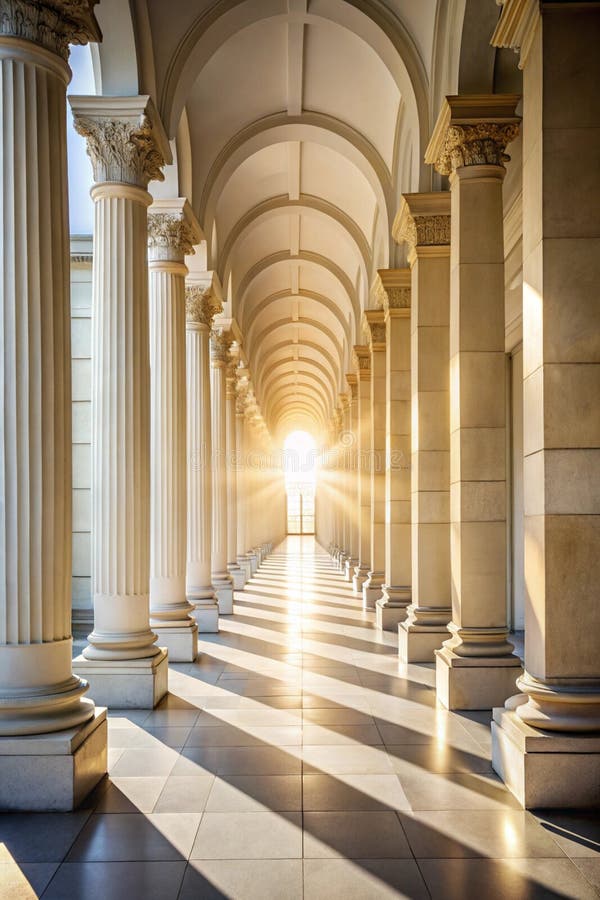 The Sunlight Shines through Columns in a Long and White Corridor Stock ...