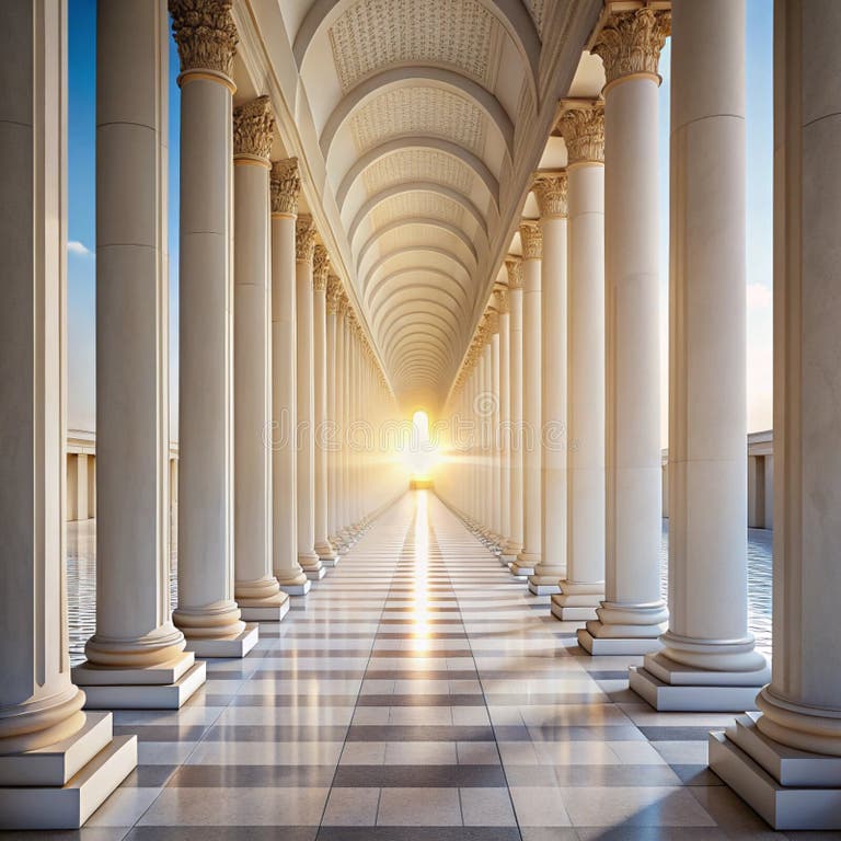 The Sunlight Shines through Columns in a Long and White Corridor Stock ...