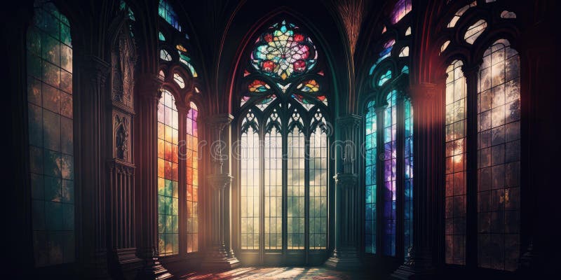 Sunlight Shines through High Stained Glass Windows in Church Stock ...