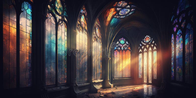 Sunlight Shines through High Stained Glass Windows in Church Stock ...