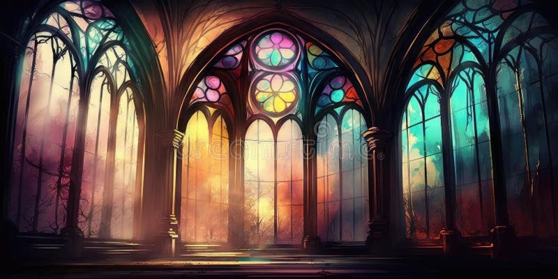 Sunlight Shines through High Stained Glass Windows in Church Stock ...