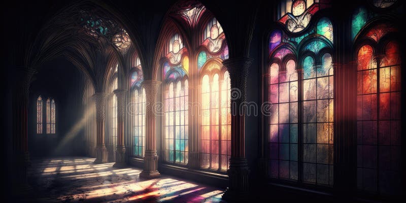 Sunlight Shines through High Stained Glass Windows in Church Stock ...