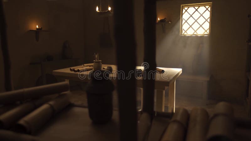 Sunlight Shines in Old Study from Window, Ancient Scroll and Paper ...