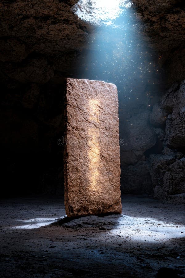 Sunlight Shines on a Stone Monolith in a Cave. Stock Illustration ...