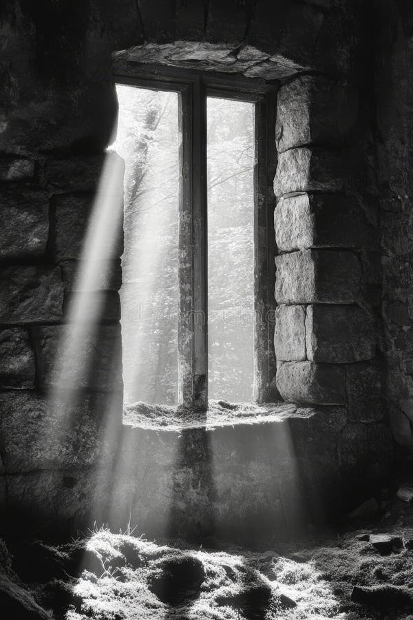 Sunlight Shines through a Timeworn Window in a Decaying Stone Structure ...