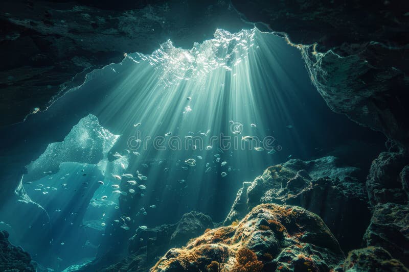 Sunlight Shines through Water into a Cave, Creating a Mysterious and ...