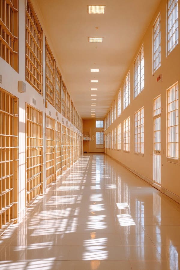 Sunlight Shining through Bars in an Empty Jail Cell Corridor Stock ...