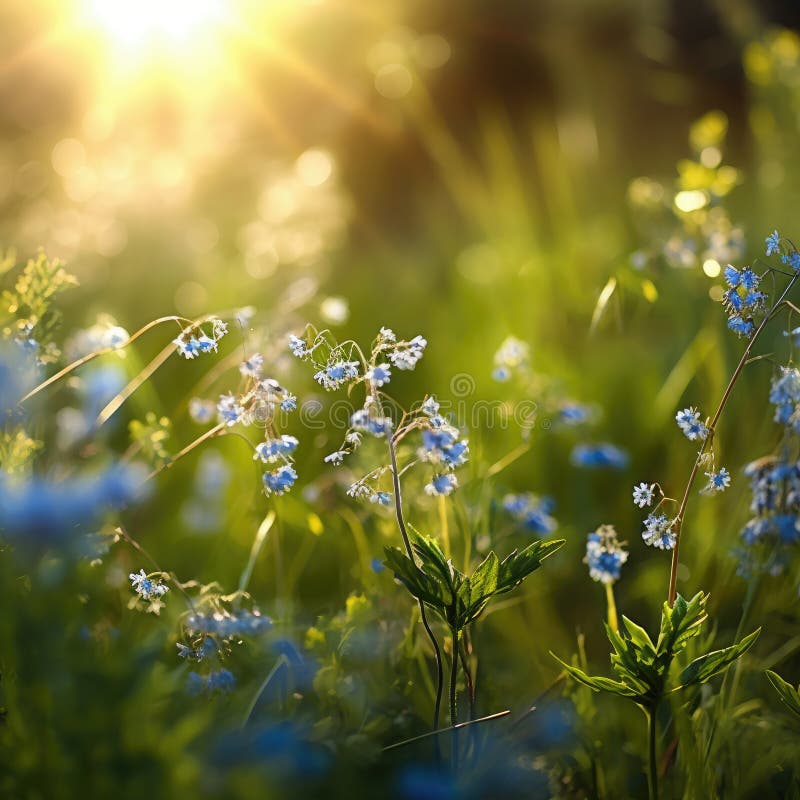 Sunlight Shining through Blue Flowers in Field Stock Illustration ...