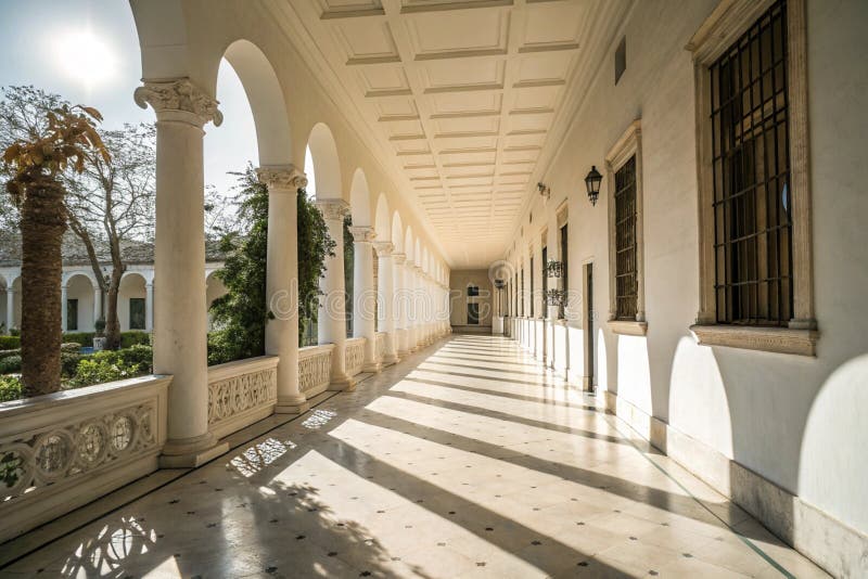 Sunlight Shining through Columns in a White Corridor Stock Illustration ...