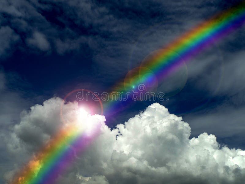 Sunlight Shining on Dark Cloud and Rainbow after Rain Fall Stock Photo ...