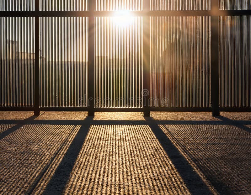 Sunlight Shining through Metal Fence at Sunset Creating Long Shadows ...