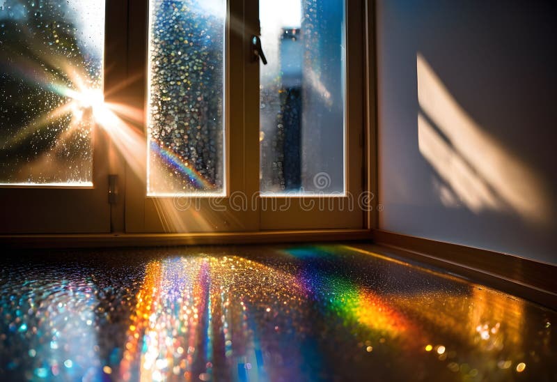 Sunlight Shining through Rain-Drenched Window with Rainbow Effect Stock ...