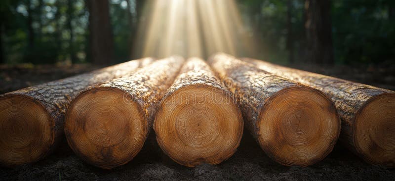 Sunlight Shining through Stacked Logs in a Forest Stock Illustration ...