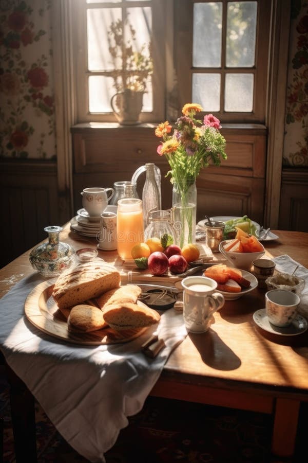 Sunlight Shining on a Table with a Breakfast Spread Stock Illustration ...