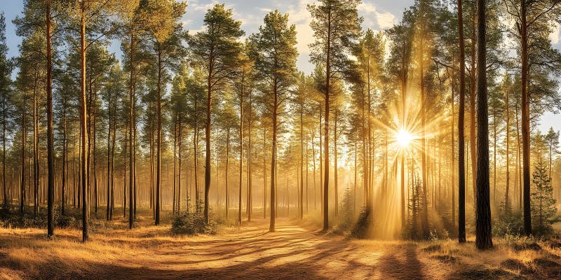 Sunlight Shining through Tall Trees in a Forest with a Path and Shadows ...