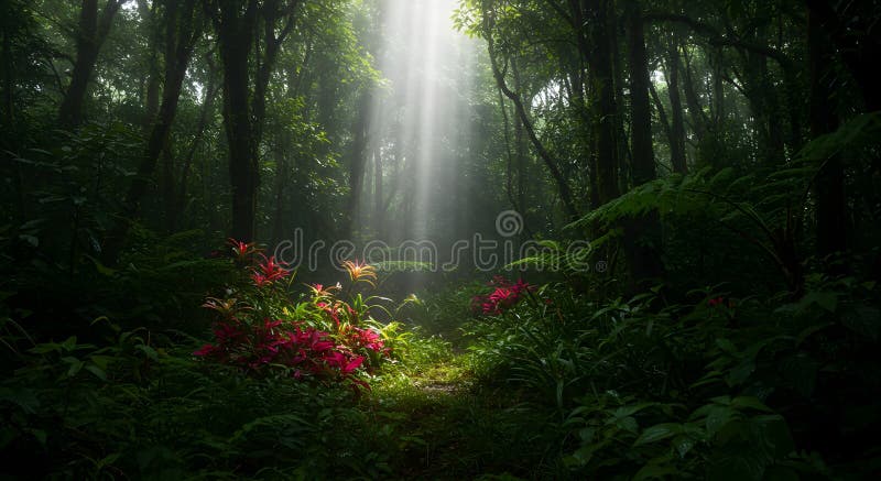 Sunlight Shining through Trees Illuminating Red Flowers in Lush Forest ...